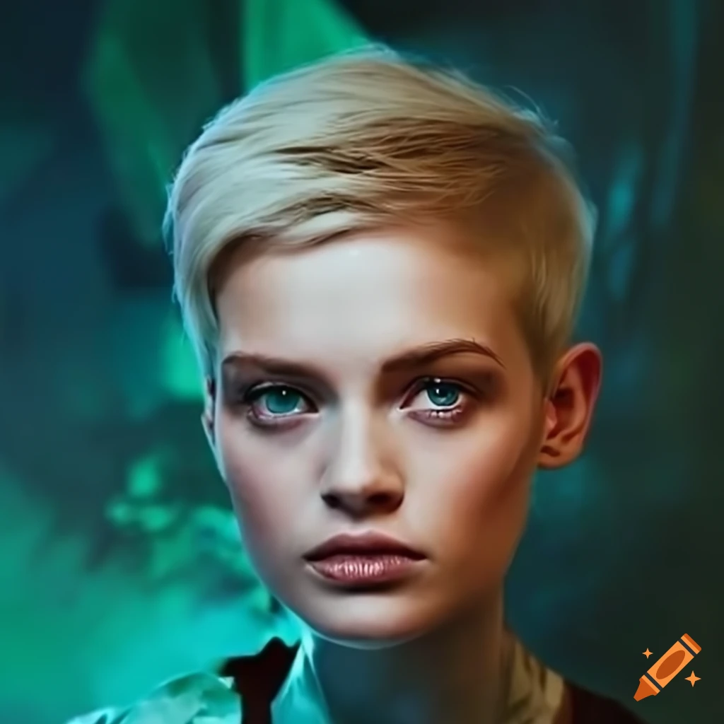 Young person with blonde pixie haircut as a timelord flying through an ...