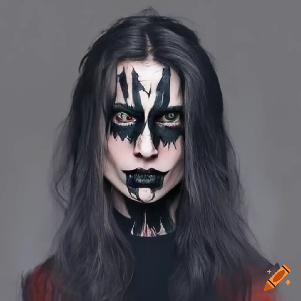 Ezra Miller with long hair and black metal corpse paint make-up on Craiyon