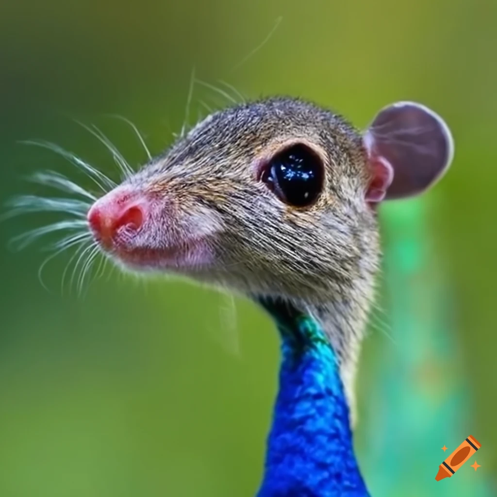Tiny mouse on a peacock in a serene park setting on Craiyon