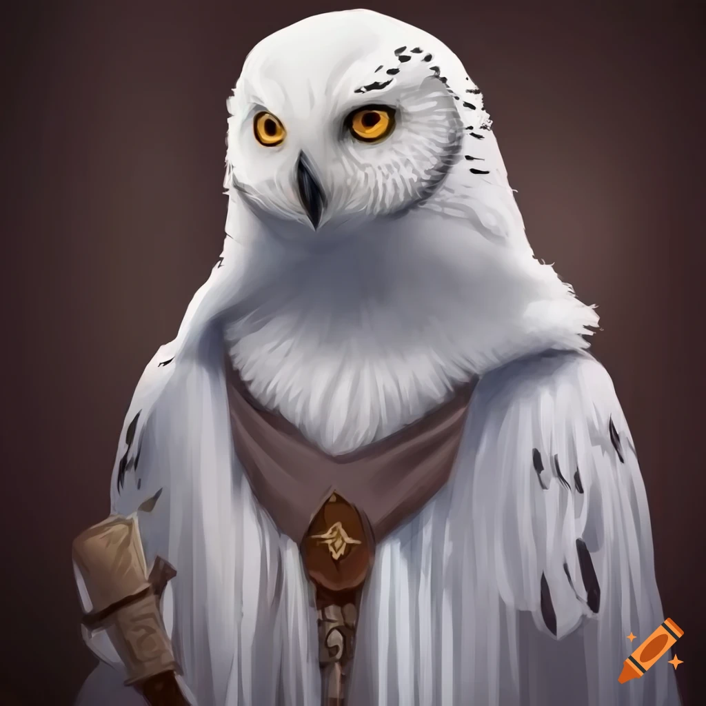 Digital art portrait of a snowy owl human hybrid dnd cleric in a white ...