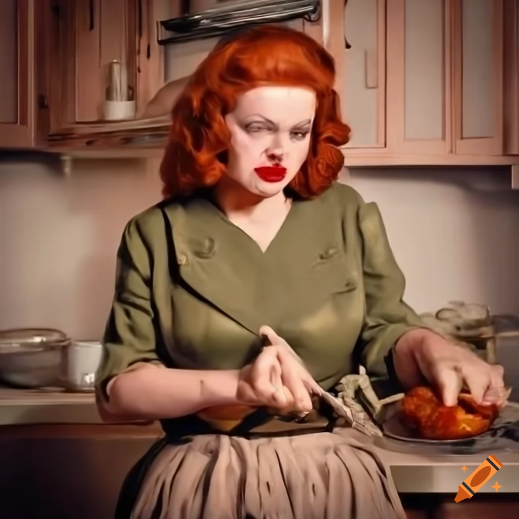 Red-haired Jewish woman in vintage kitchen preparing a meal on Craiyon