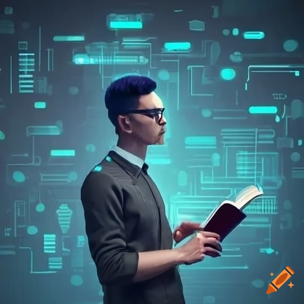 Men deciding between reading a book or using AI technology on Craiyon