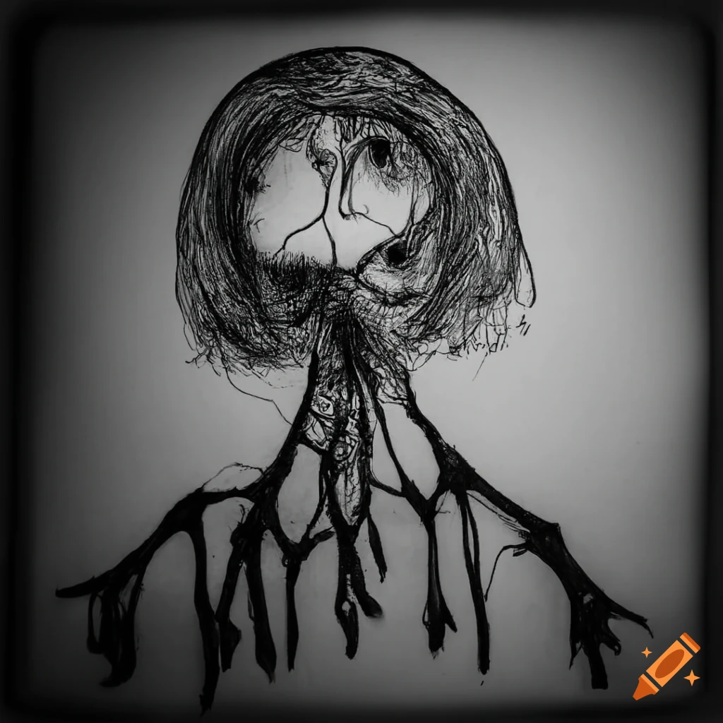 Child-like drawing of a black crow with psychedelic ink, sketch showing ...