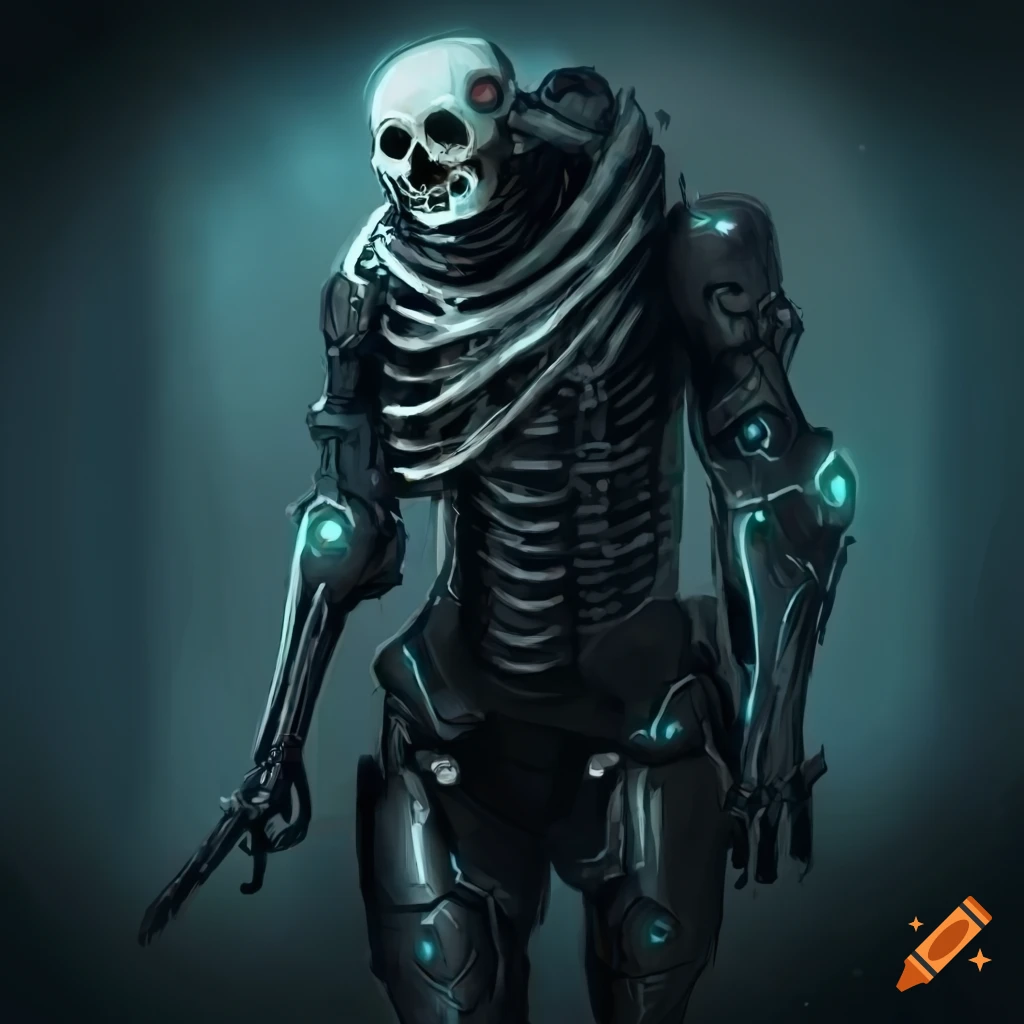 Sci-fi skeleton man in futuristic outfit concept art on Craiyon