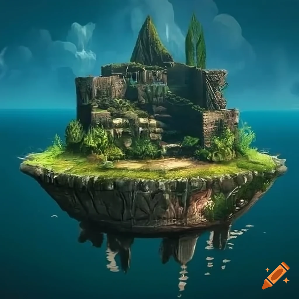 Realistic floating island with ancient ruins surrounded by jungle ...