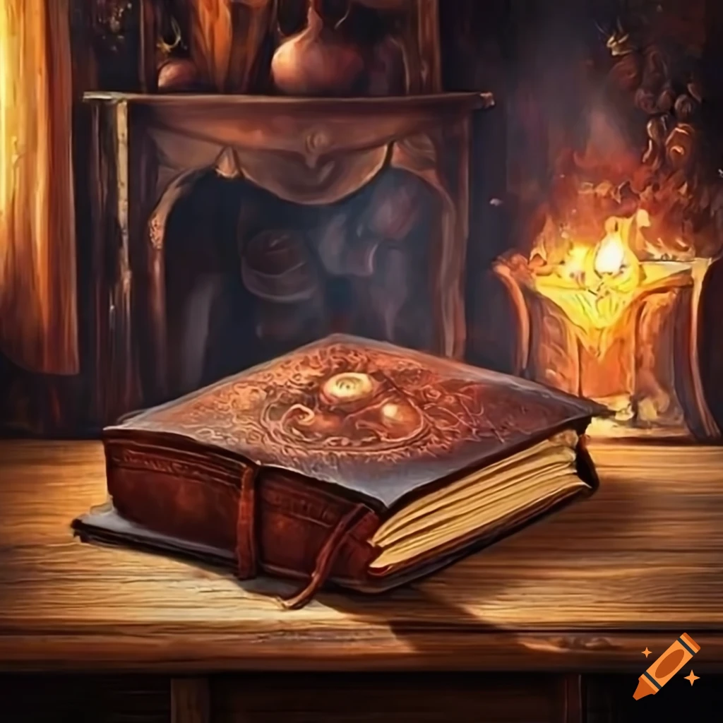 Ancient spell book on a wooden table in a witch's atelier on Craiyon