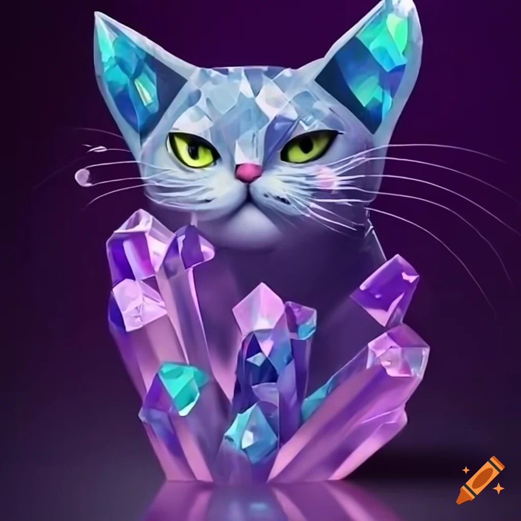 Crystal Cat with a body made of crystals in a cartoon style on Craiyon