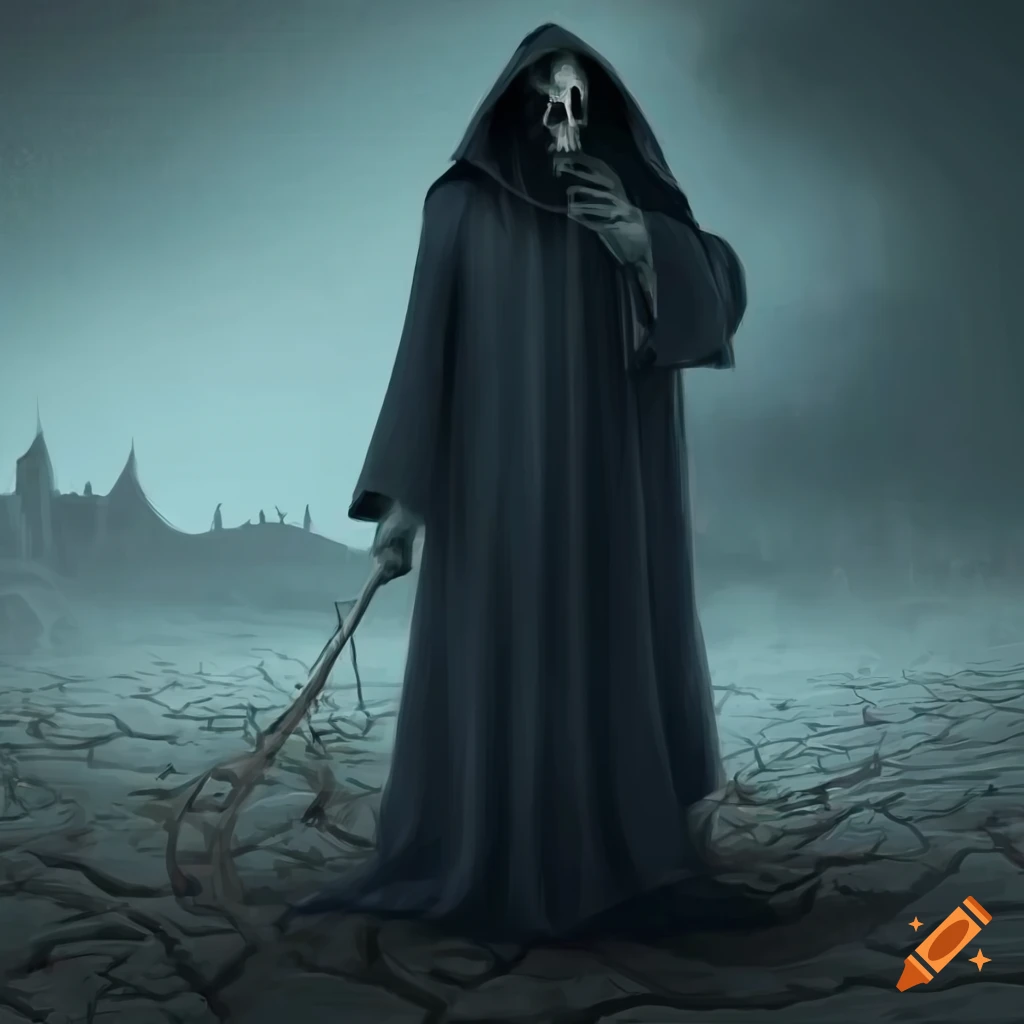 Grim reaper in a barren land with dark atmosphere in medieval style on ...