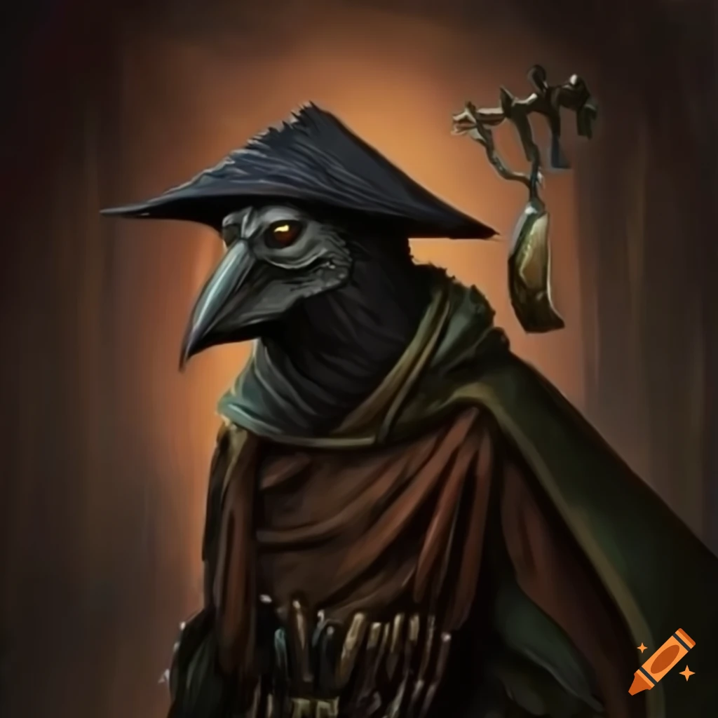 Humanoid crow merchant character on Craiyon