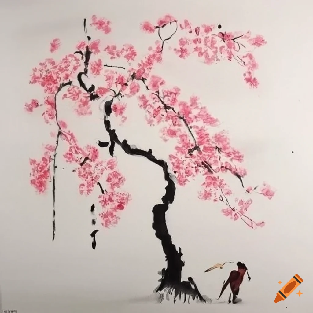 Cherry blossom tree in sumi-e style ink painting on Craiyon