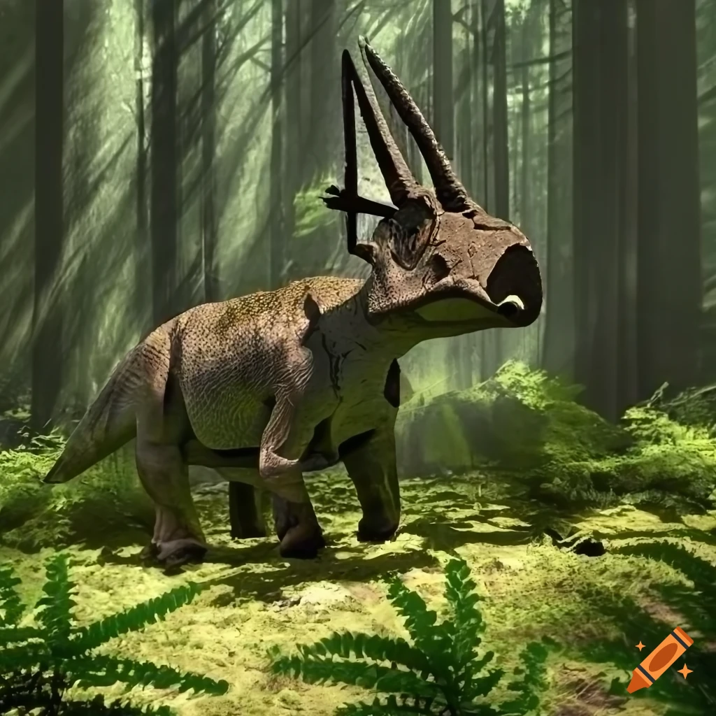 Protoceratops in a forest clearing with fallen trees and thick fern ...