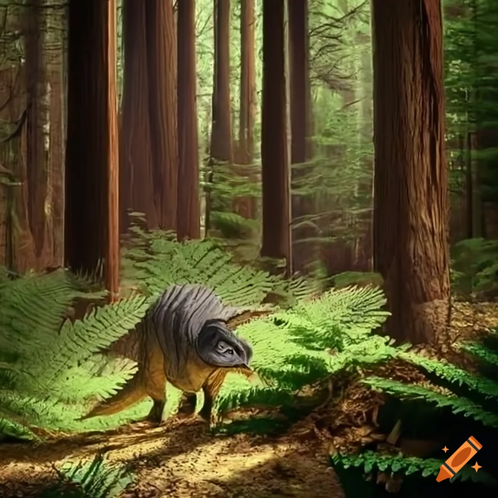 Hypsilophodon dinosaurs in a sunny forest clearing with low fern ...