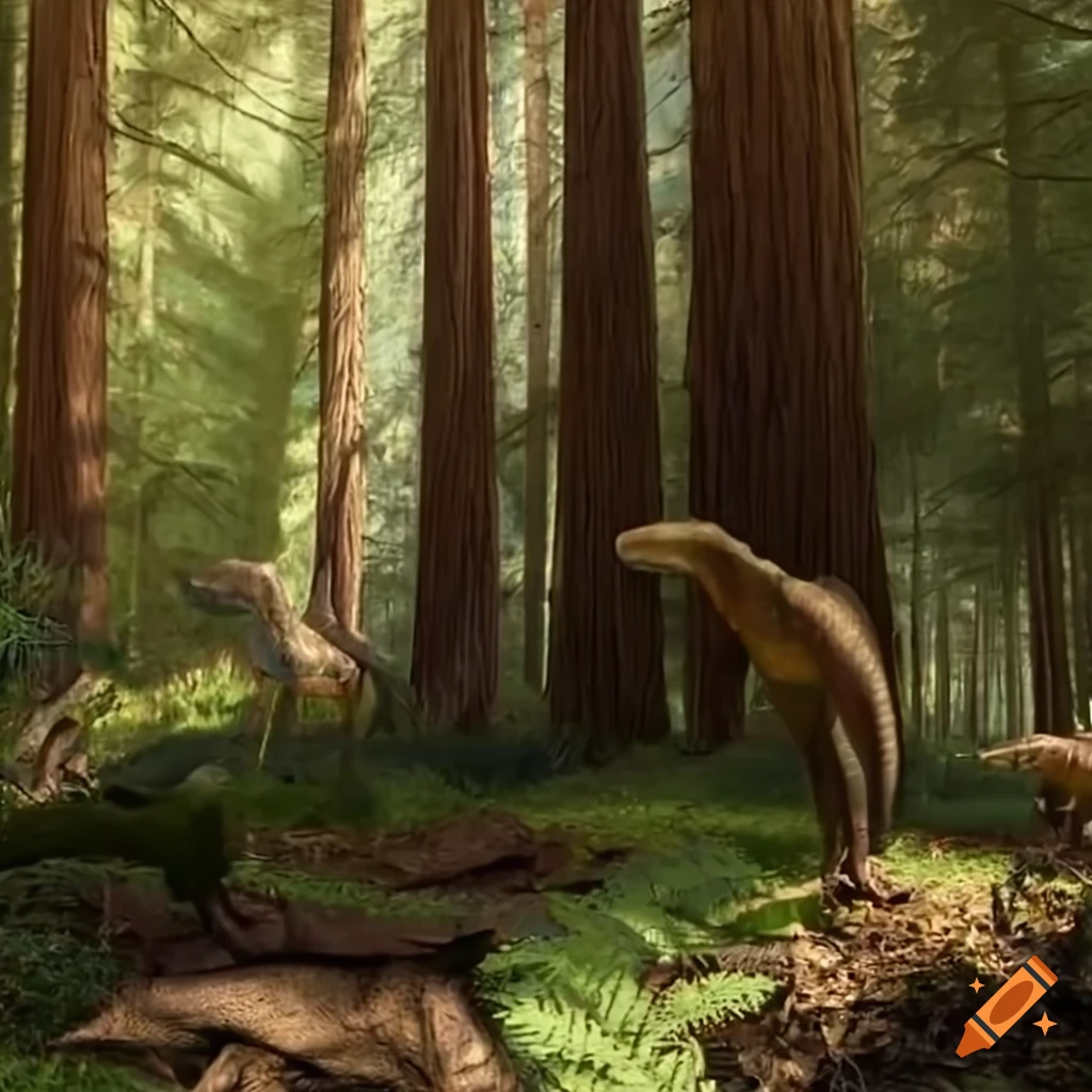 Hypsilophodon dinosaurs in a sunny forest clearing with fern ...