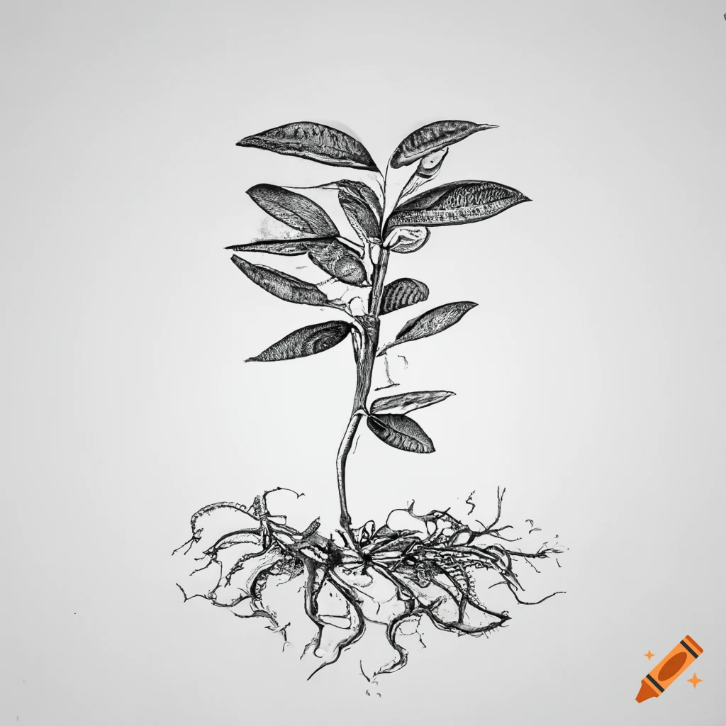 Pen drawing of peanut plant with roots and beans in black and white on ...