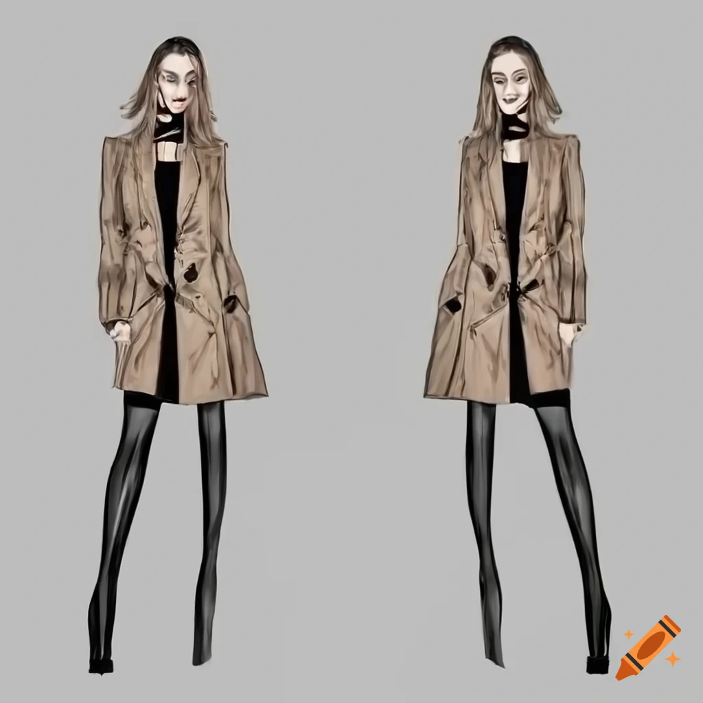 Woman in stylish beige coat, white blouse, black pencil skirt, tights, and high heels on Craiyon