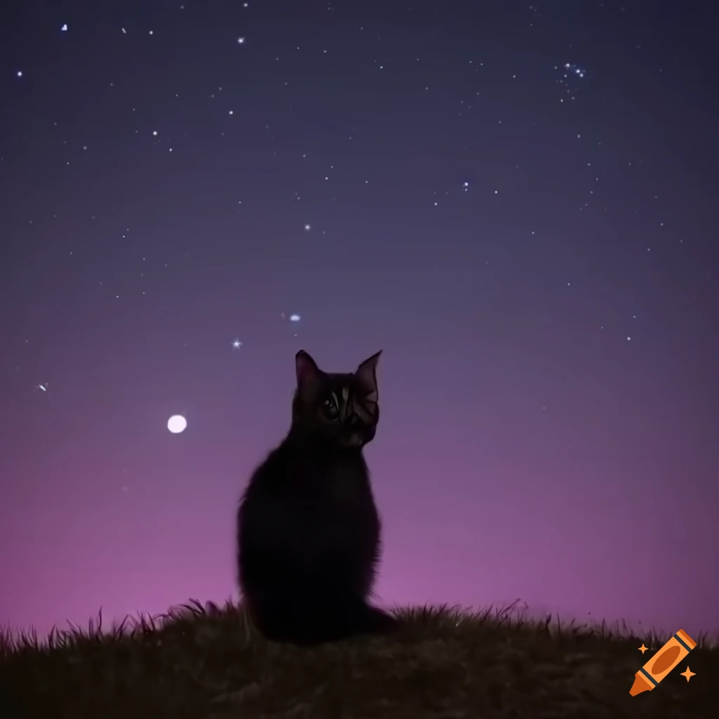 Cat gazing at the moon and stars in a purple-blue sky on Craiyon