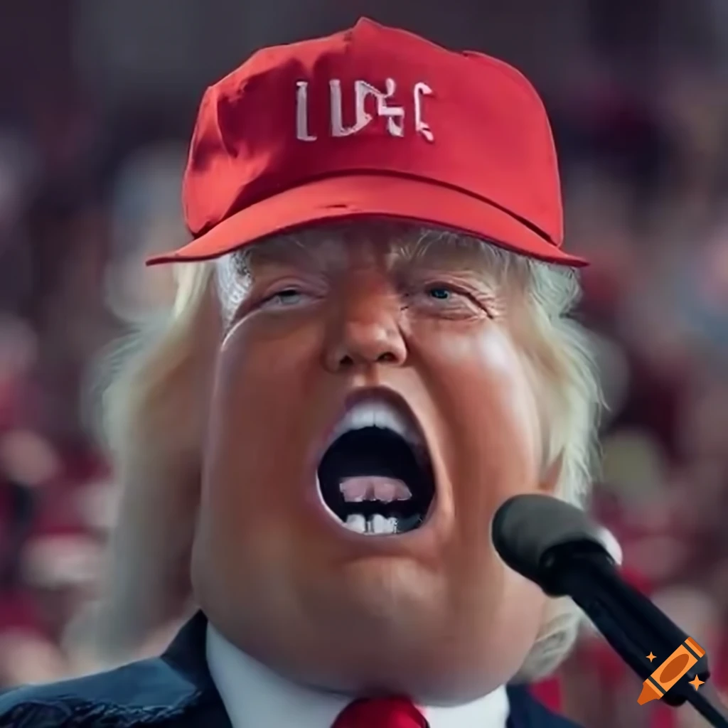 Satirical scene of a fish-like character resembling trump yelling at a ...