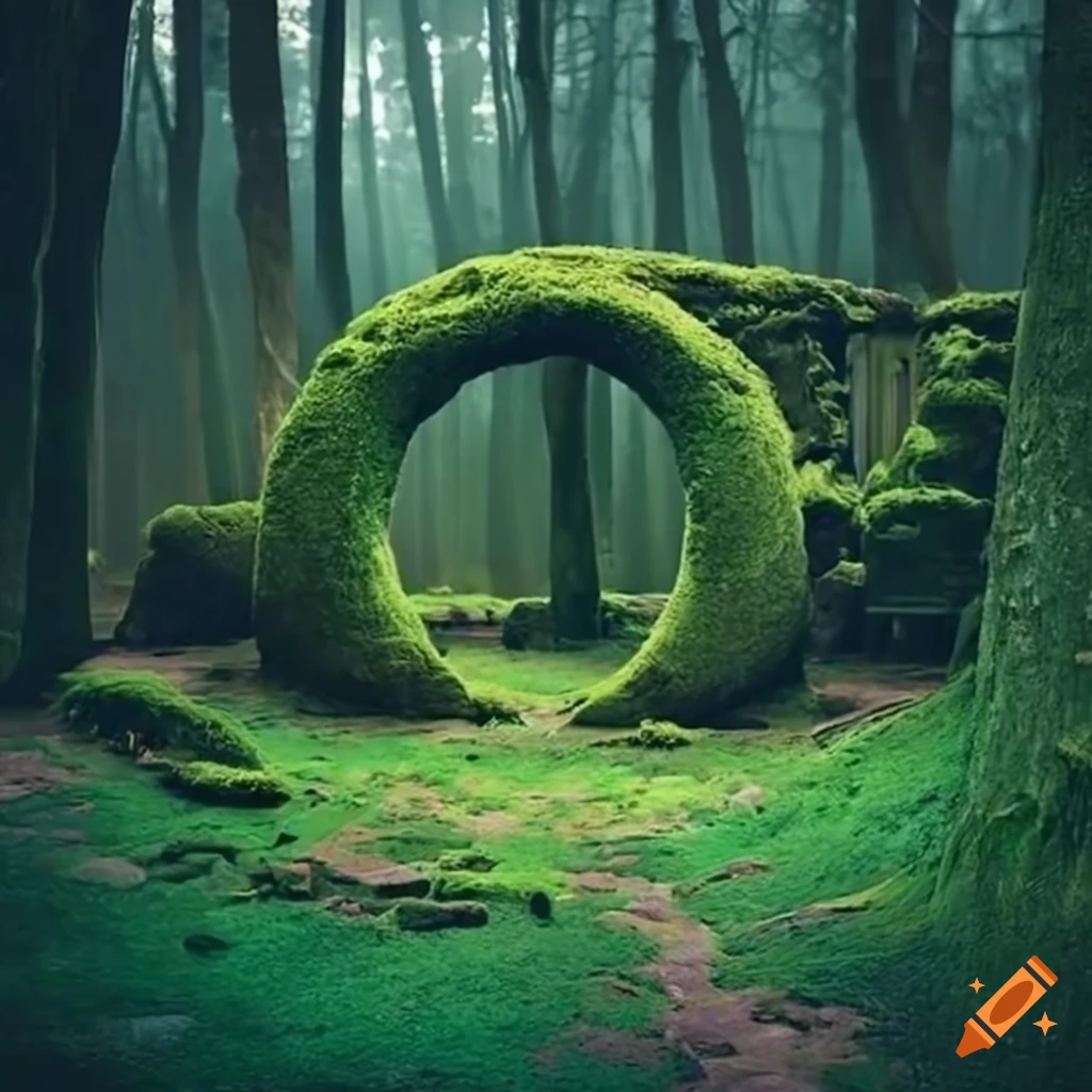 Mysterious moss-covered circular stone ruins in a forest on Craiyon