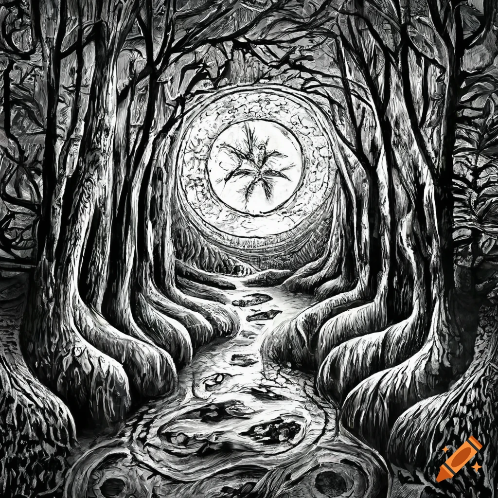 Medieval forest at sunset with a magic circle inspired by Millet's oil ...