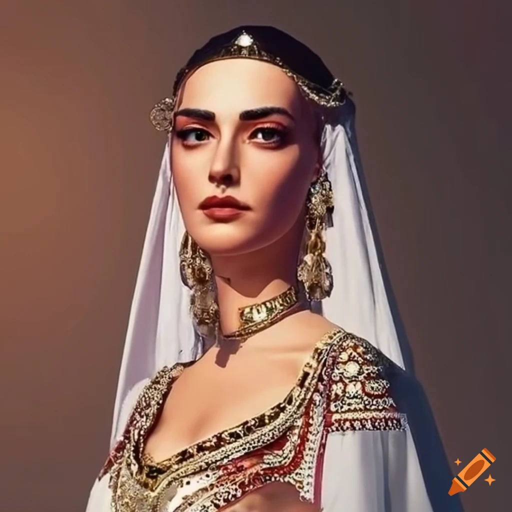 Princess Argjiro in traditional Albanian attire on ancient castle walls ...