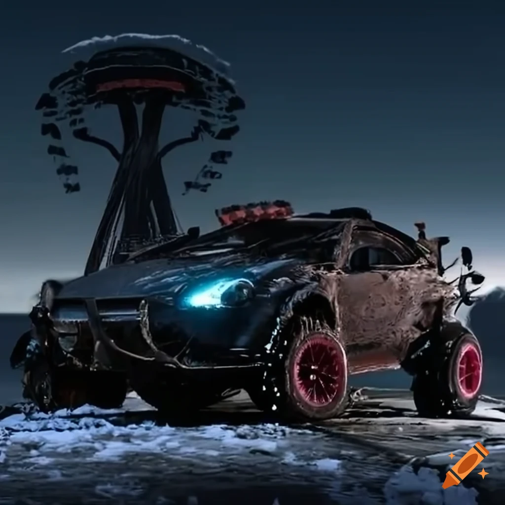 Black mad max sports car with neon graffiti speeding through frozen ...