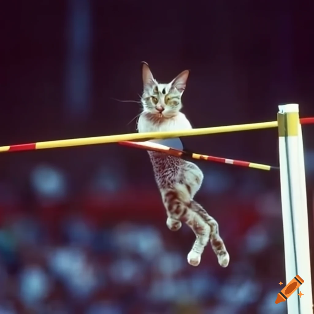Cat competing in high jump at the 1992 olympics on Craiyon
