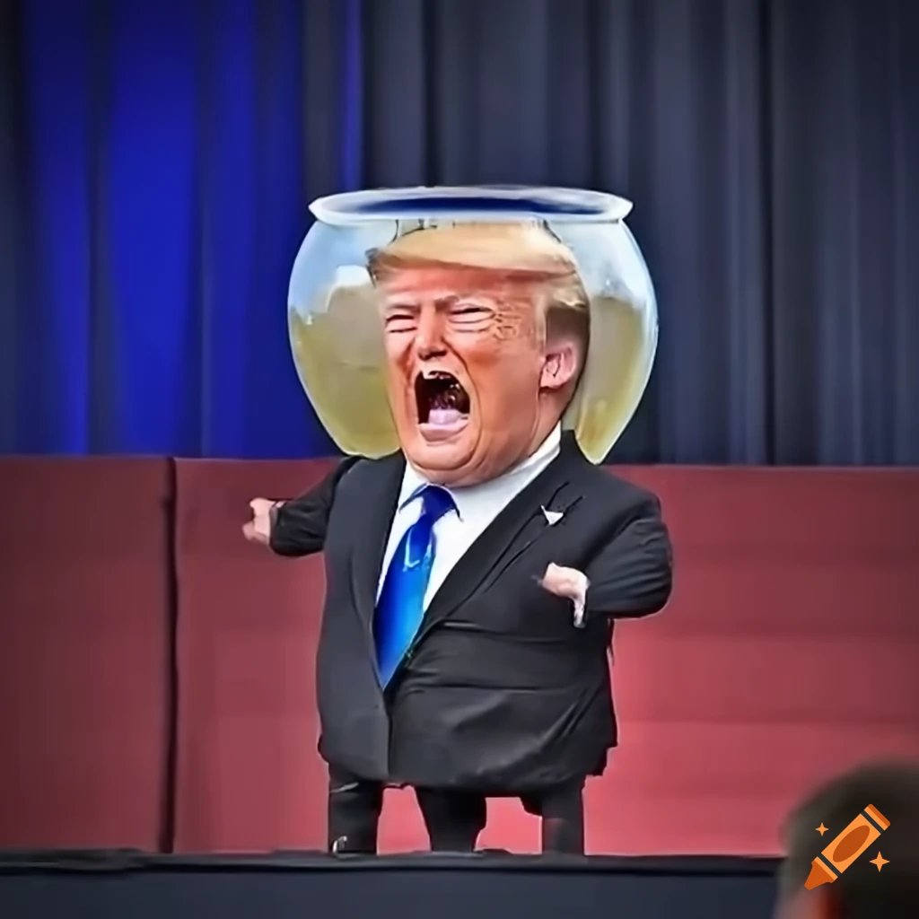 Satirical portrayal of a fat fish resembling Trump in a fishbowl on a ...
