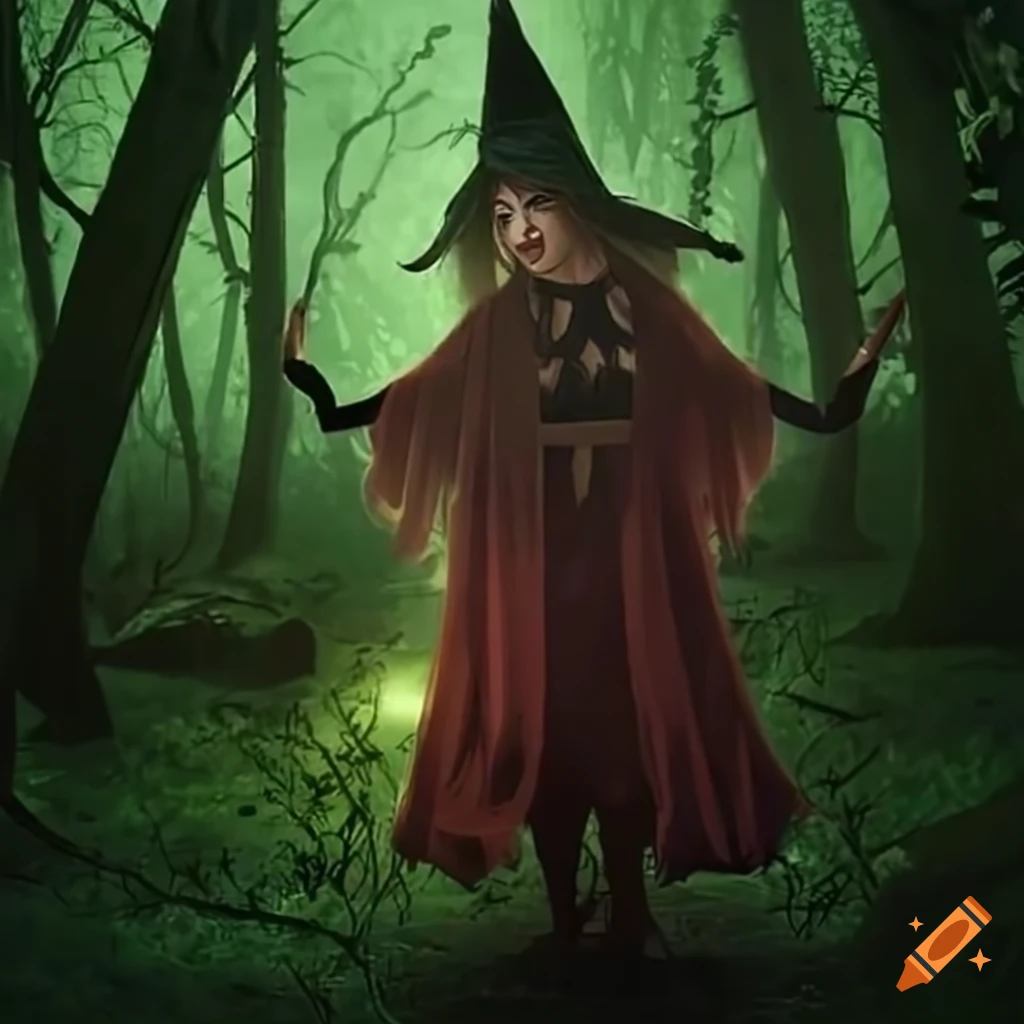 Witch with a cackling laugh casting a mysterious spell in a forest on ...