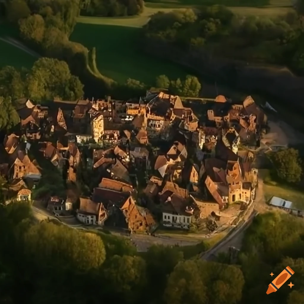 Distant aerial view of a medieval village amidst open fields on Craiyon
