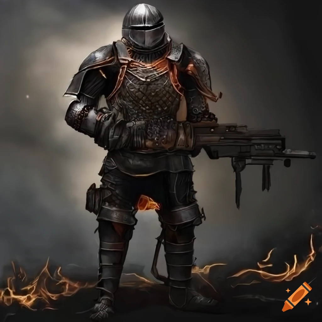 Post-apocalypse knight in metal armor with machine gun and flames on ...