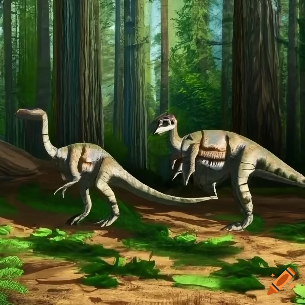 Hypsilophodon dinosaurs in a sunny forest clearing with fern undergrowth on Craiyon