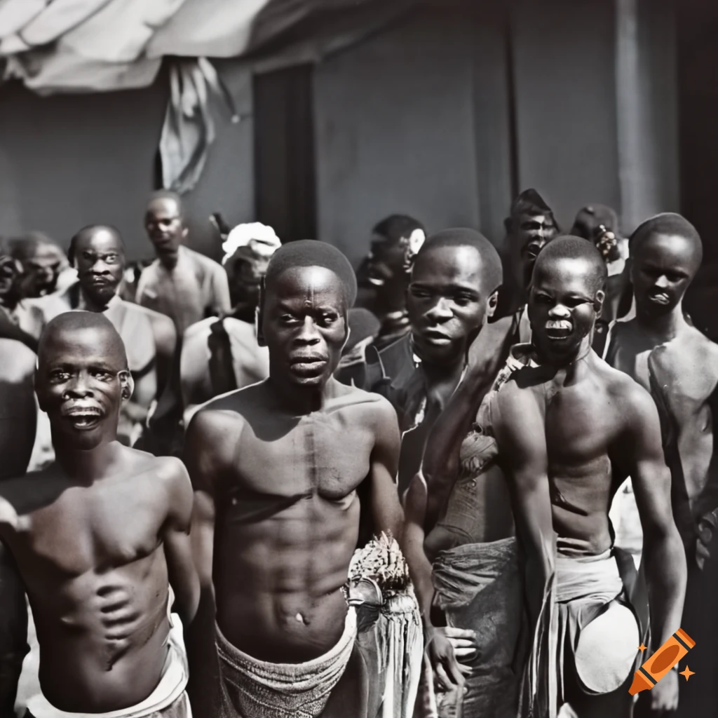 Crowd of African men in a vintage black and white photo on Craiyon