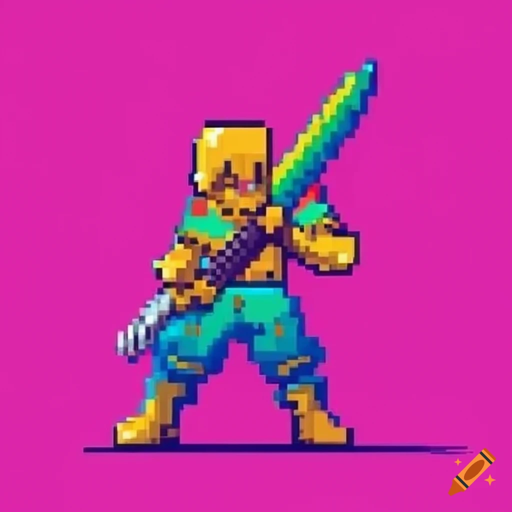 Retro 8-bit video game character with a pixelated sword in vintage ...