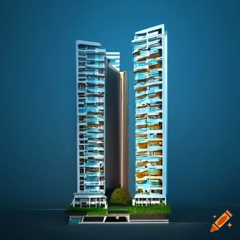 Aerial view of two 25-floor tower buildings with shops and parking ...