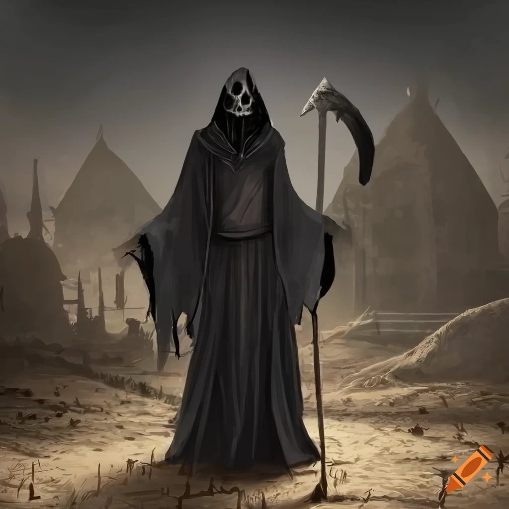 Grim reaper in a barren land with dark atmosphere in medieval style on ...