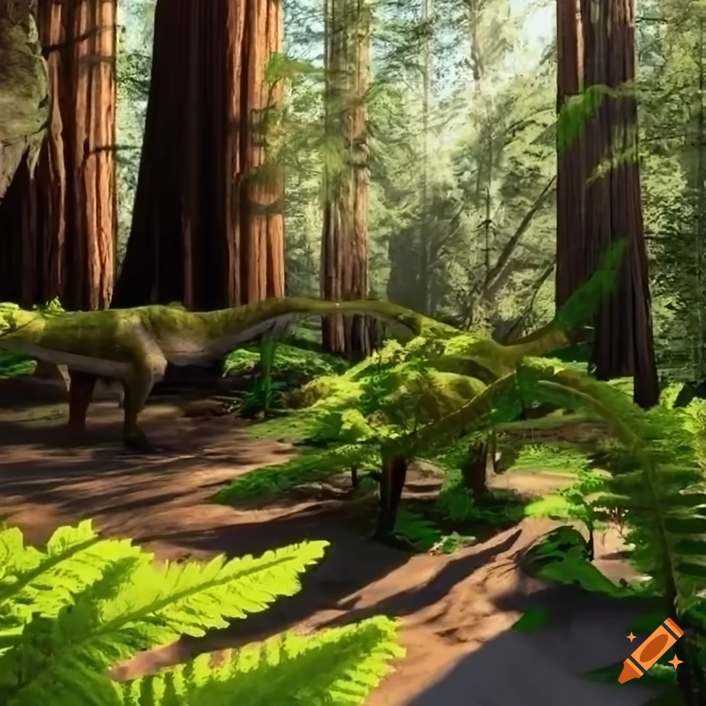 Hypsilophodon dinosaurs walking in a sunny forest clearing with fern ...