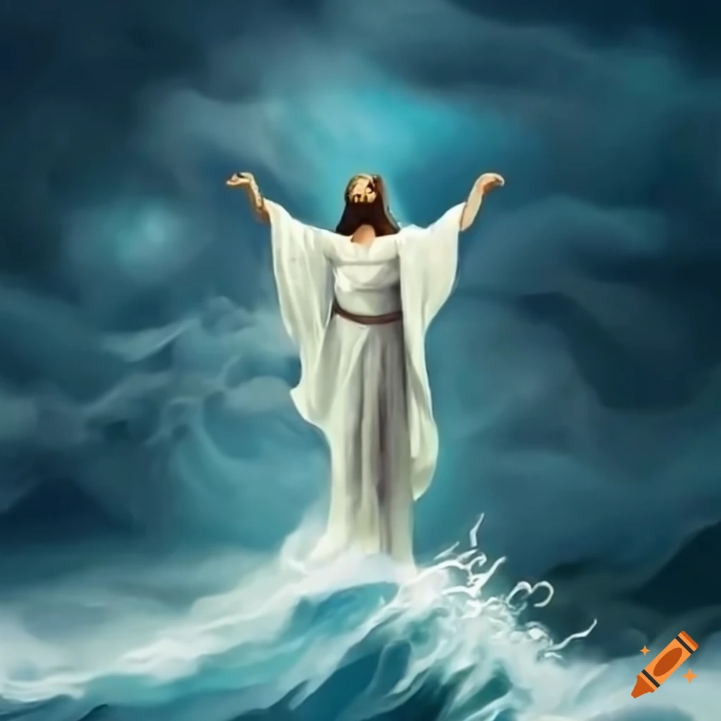 Jesus christ overlooking a stormy sea cliff on Craiyon