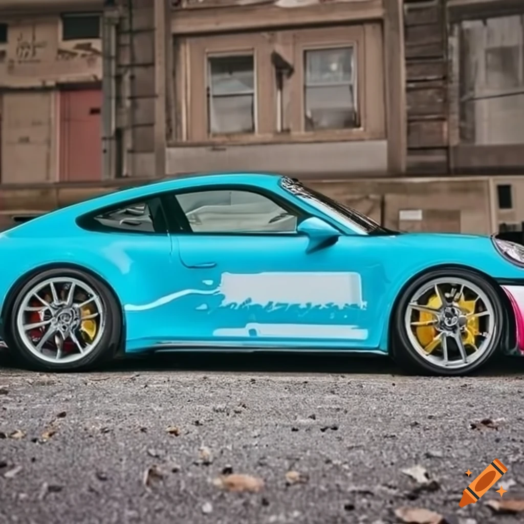 White, cyan, and pink Porsche 911 GT3 with Blink 182 logo on Craiyon