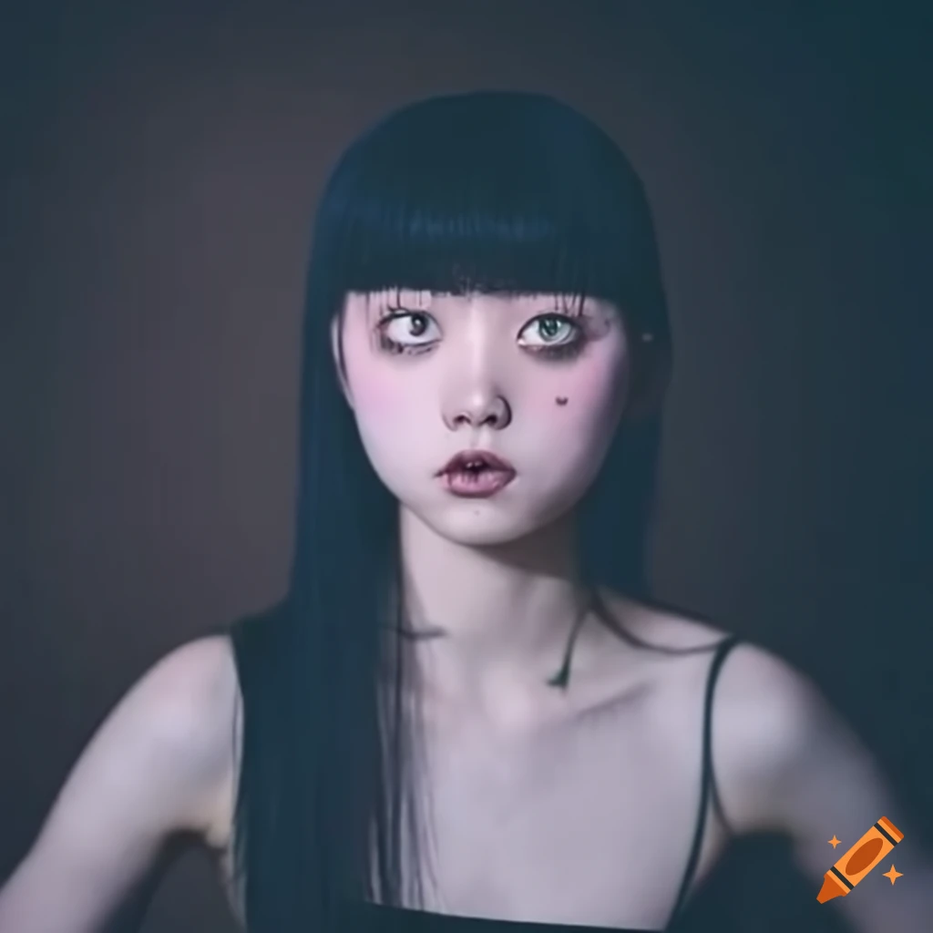 Junji Ito's iconic Tomie character with large button eyes in dark ...