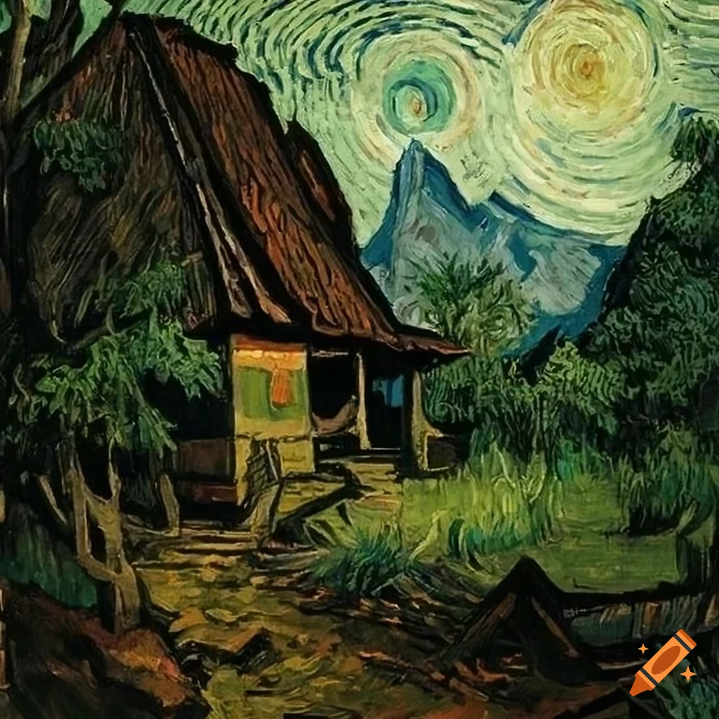 Old javanese house with a wizard's tower at the foot of a mountain ...