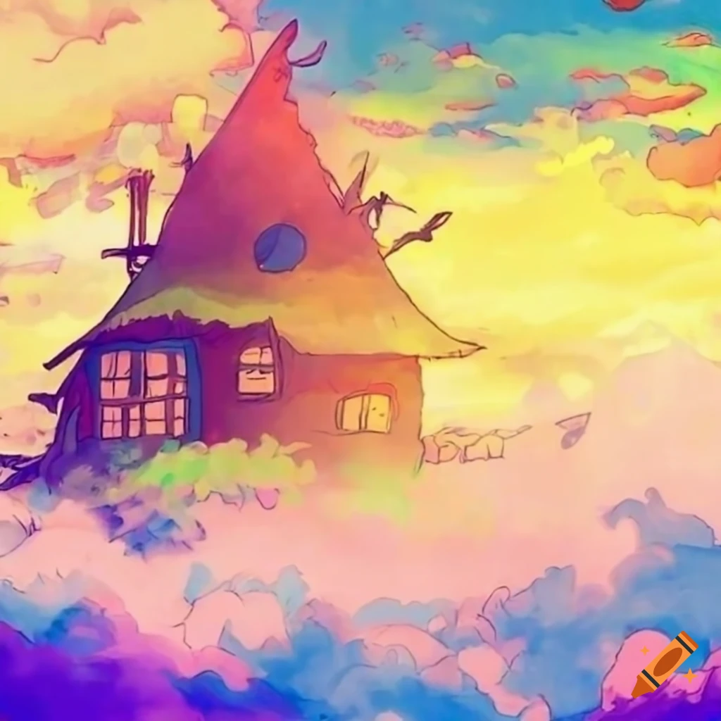 Witch house high in the clouds with dramatic anime lighting on Craiyon