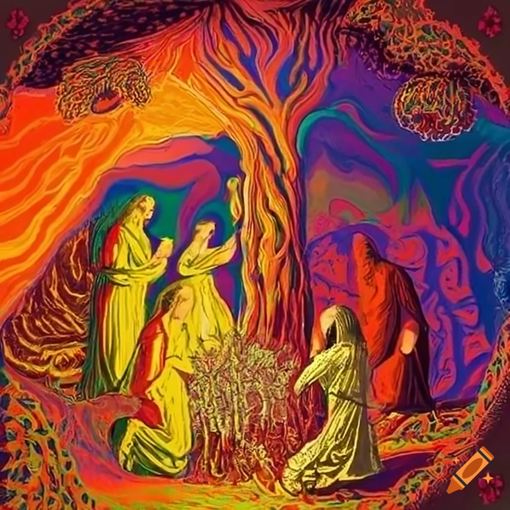 Psychedelic depiction of moses encountering the burning bush in a vivid ...
