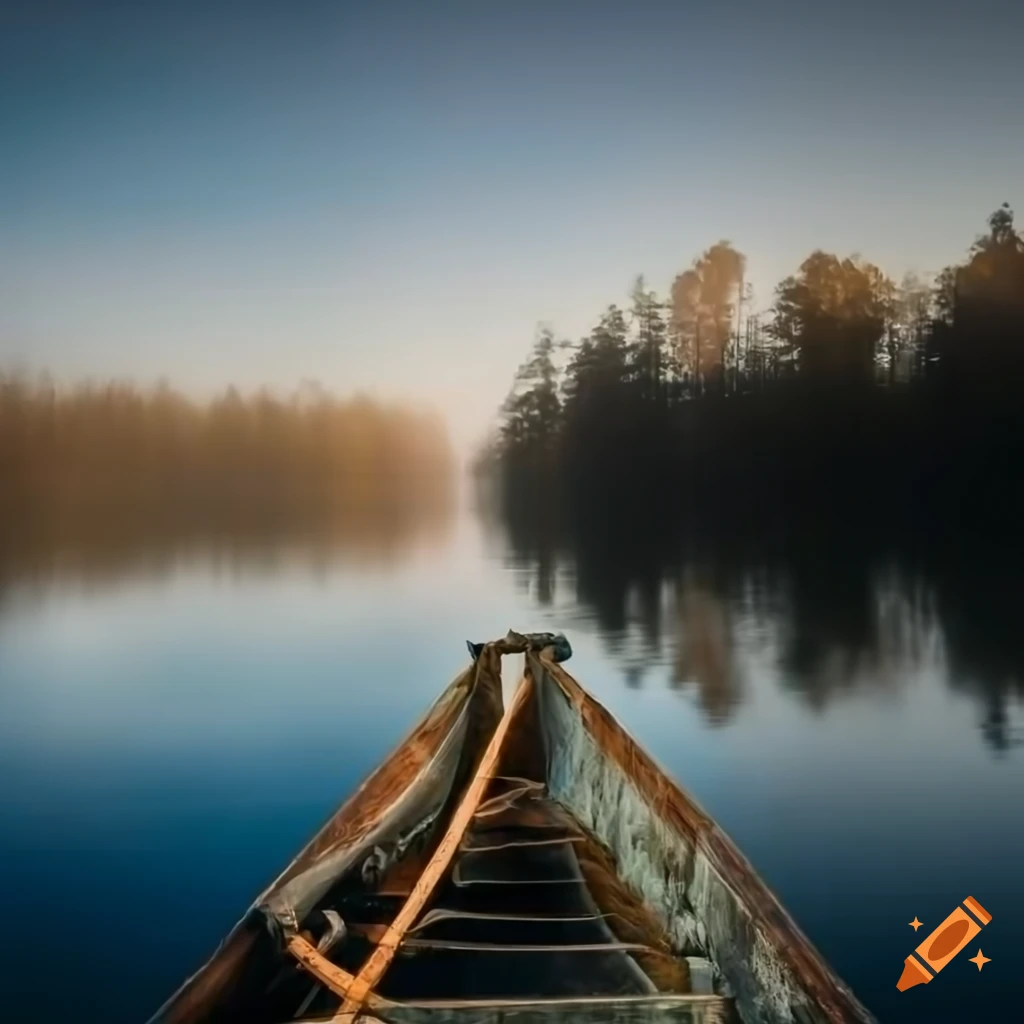 Man rowing a boat under a foggy sky with detailed textures on Craiyon
