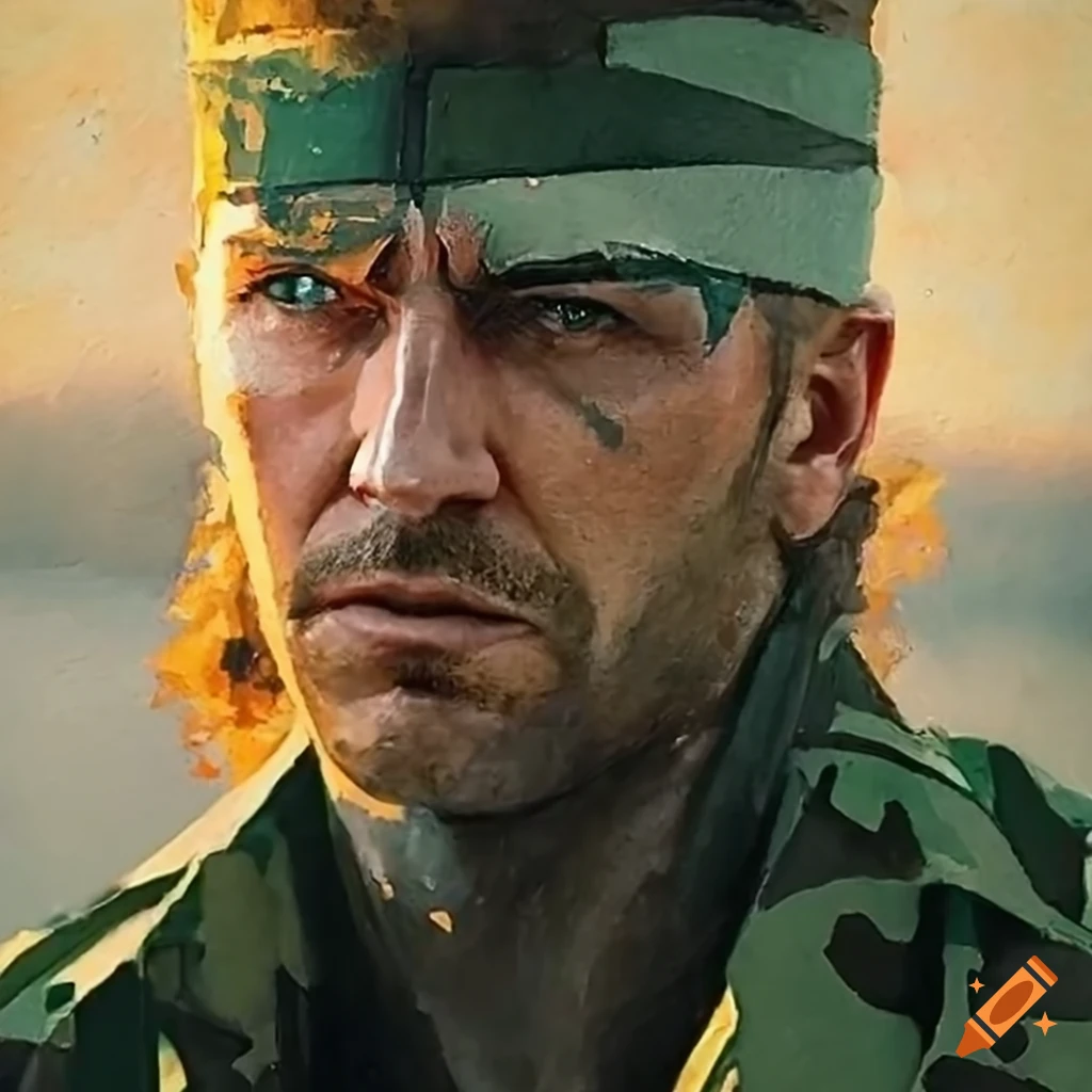 Hyperrealistic portrait of Solid Snake in desert camouflage on Craiyon