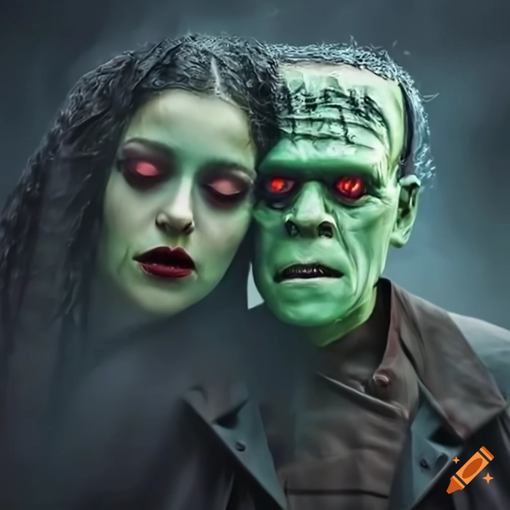 Male and female frankenstein monsters under a thunderstorm on Craiyon