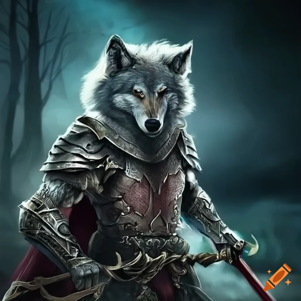 Regal gray wolf in mythical battle armor with ornate sword on Craiyon
