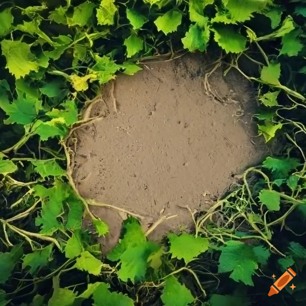 Top-down view of dirt patch surrounded by roots and vines on Craiyon