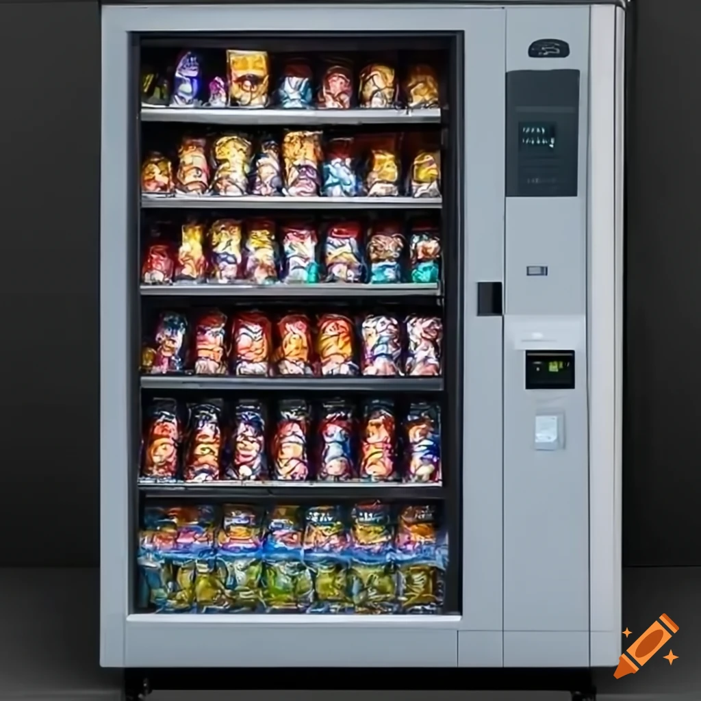 Detailed front view vending machine with a variety of snacks on Craiyon