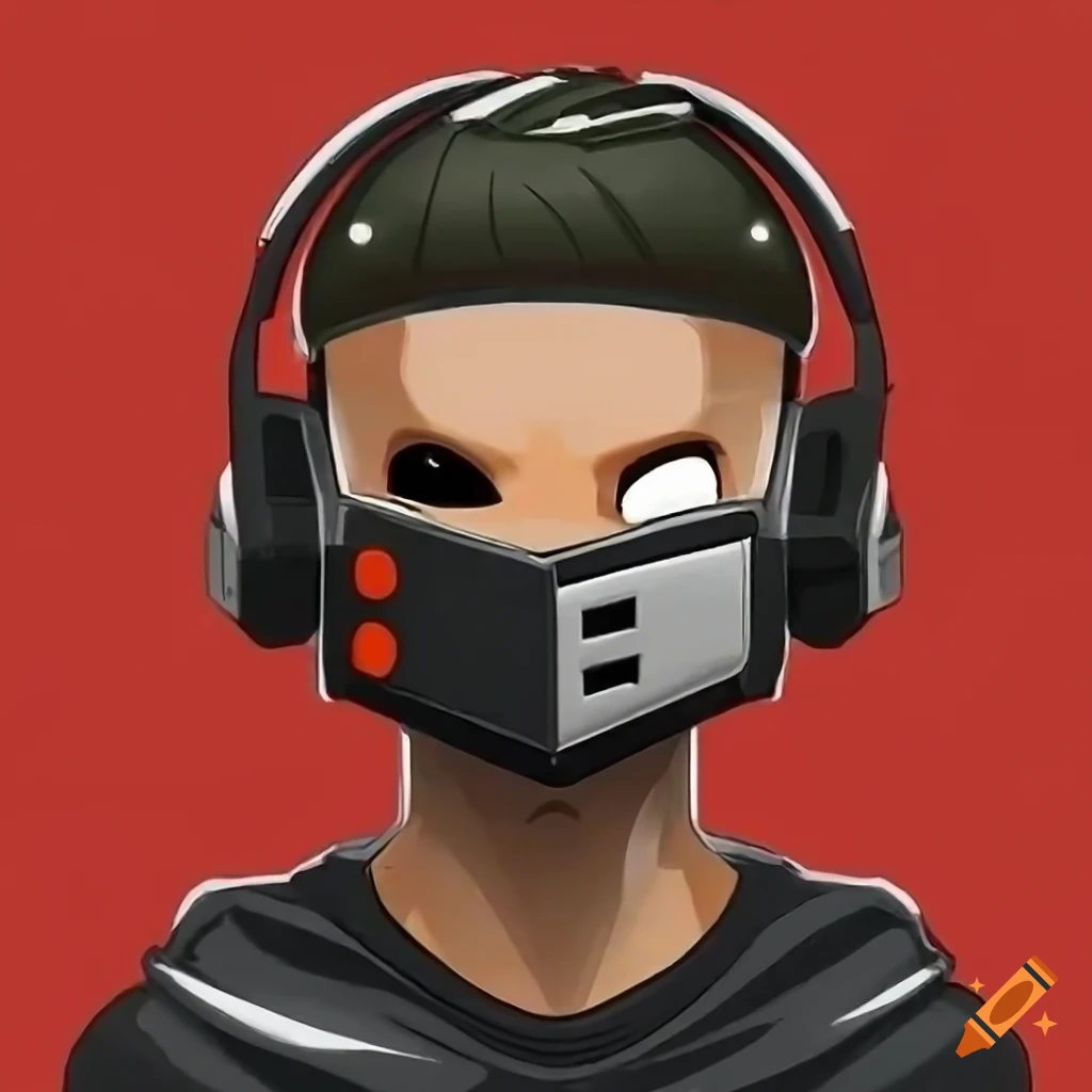 Kawaii gaming logo of a masked cyborg with headphones in red on Craiyon