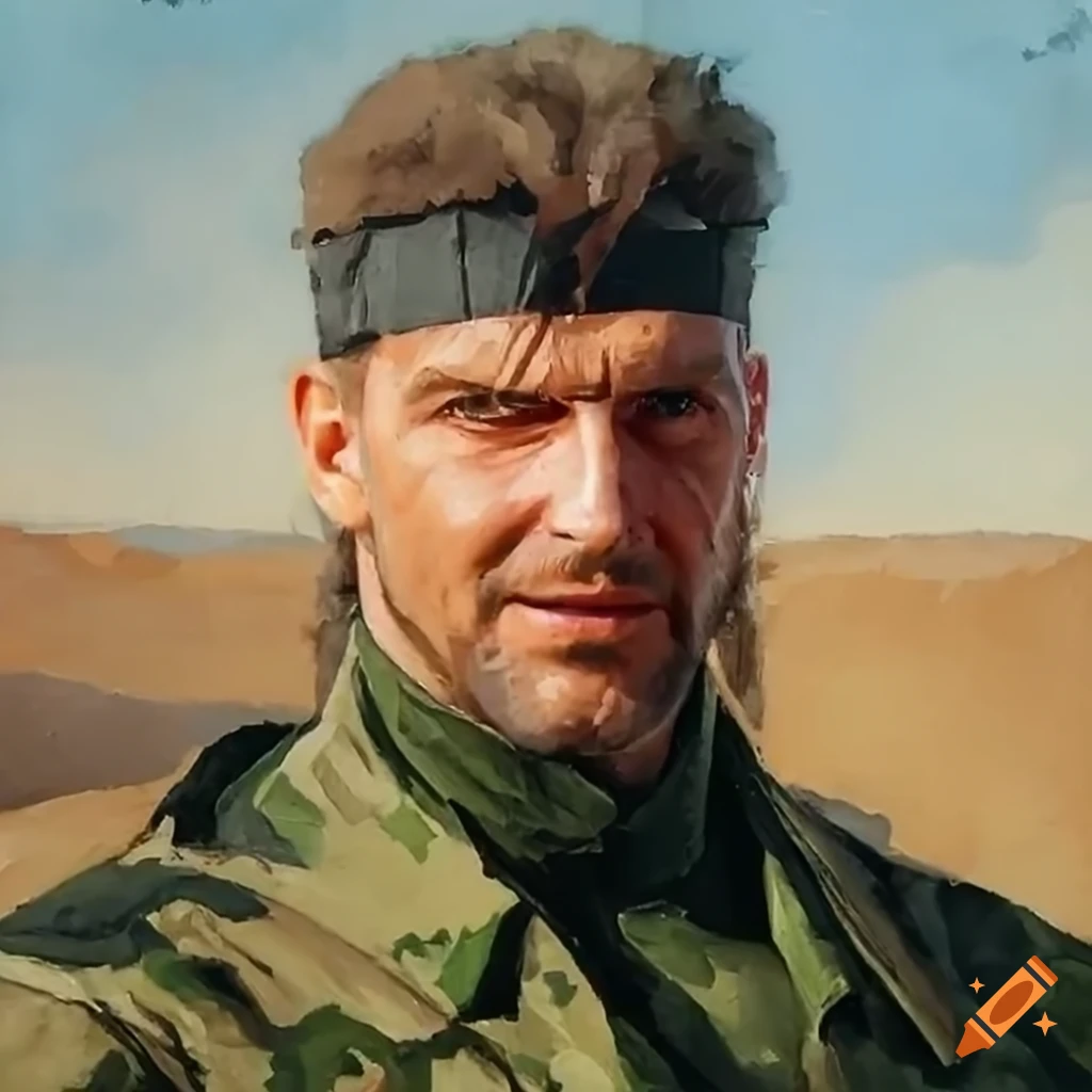 Portrait of smiling Solid Snake in desert with iconic bandana and ...